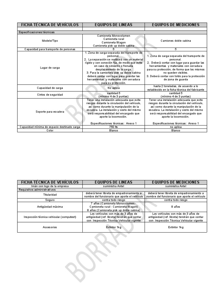 Ficha Técnica de Vehículos - BORRADOR | PDF | Transporte | Vehículos