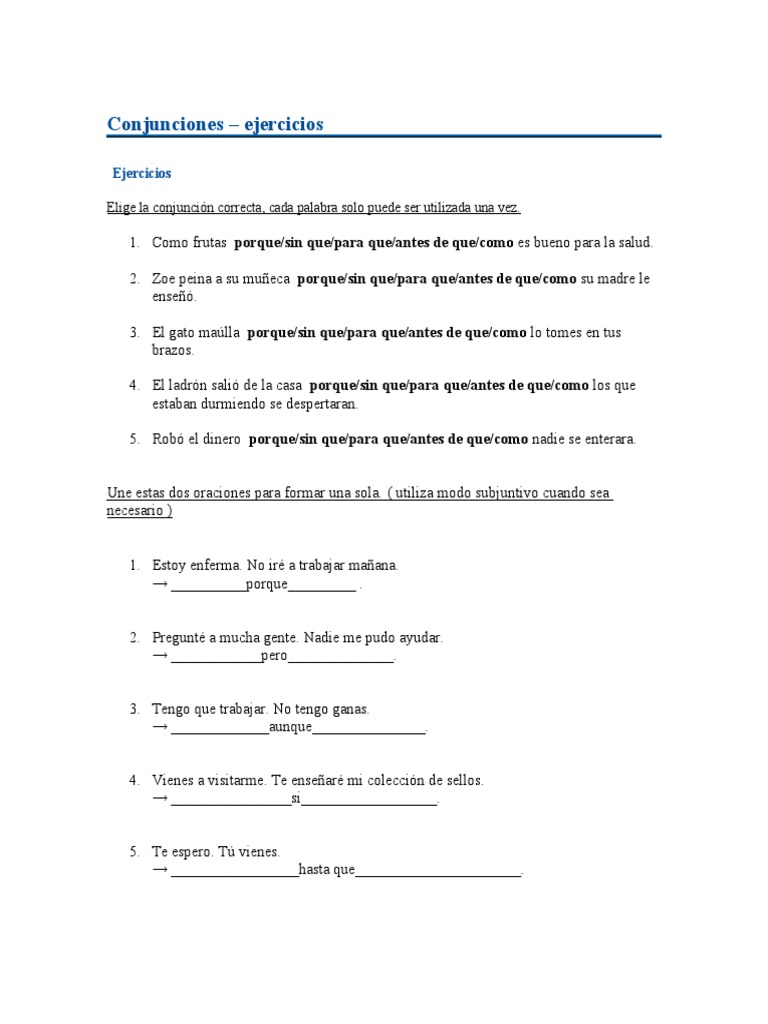 Ejercicios de Conjunciones para Secundaria | PDF