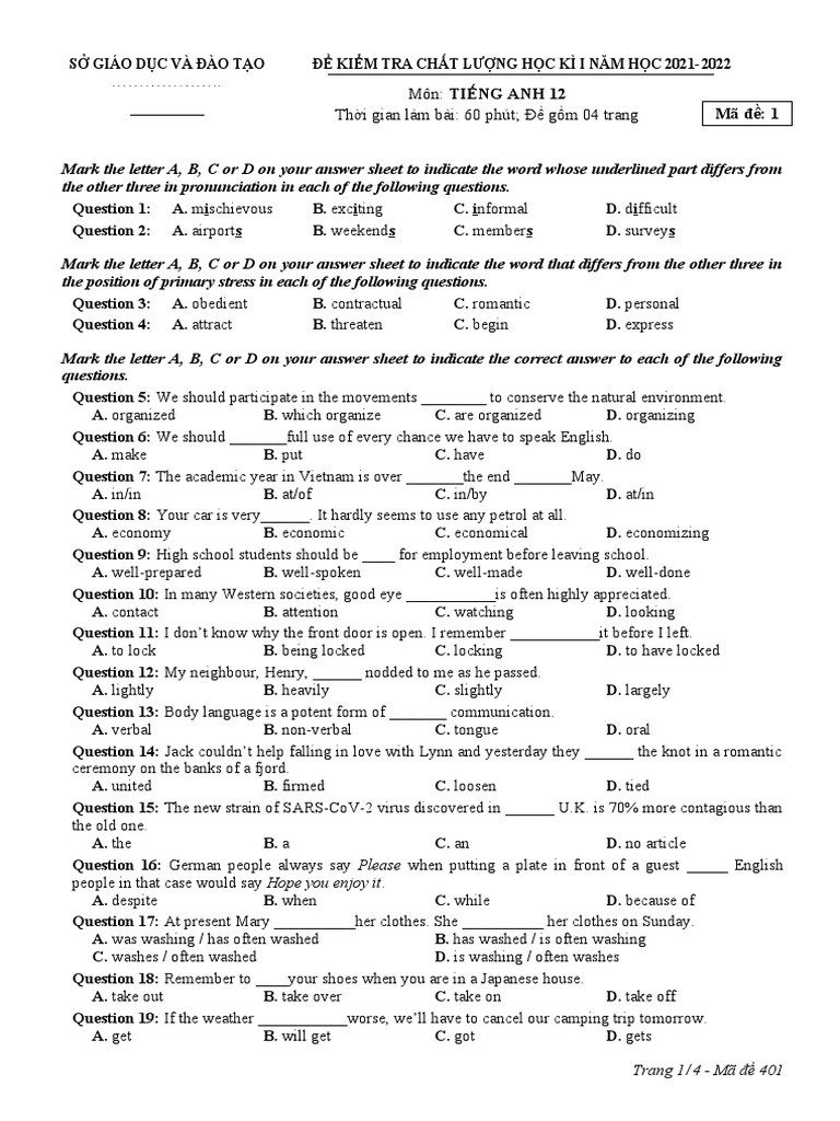 De Thi HK1 Tieng Anh 12 de 1 | PDF | Nanotechnology | Physical Sciences
