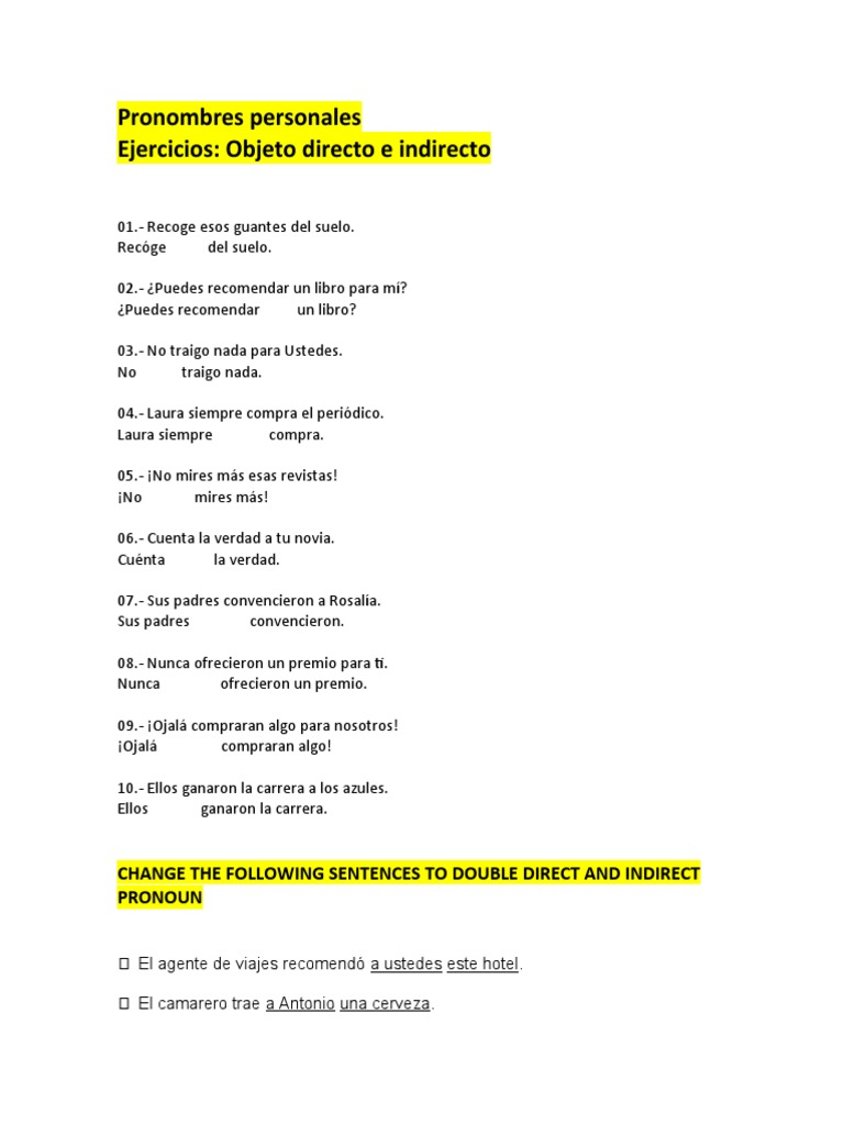 1 Ej. Objeto Directo e Indirecto | PDF