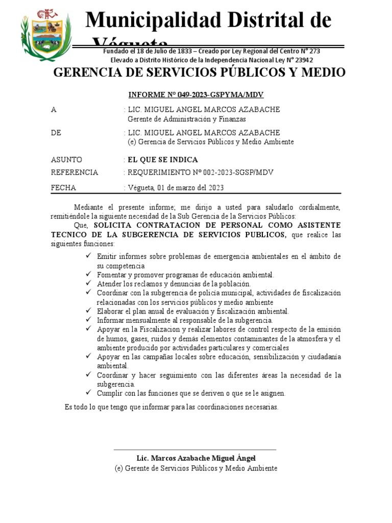 Informe 049-2023 Personal Asistente SSPP | PDF