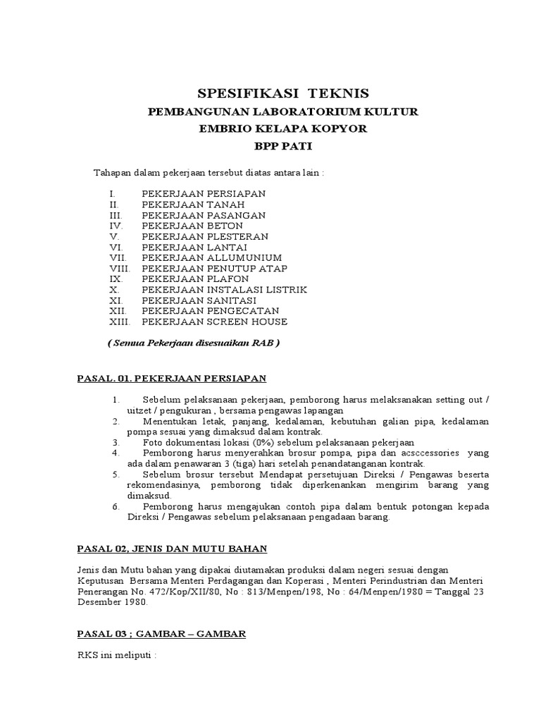 Spesifikasi Pembangunan Lab Kultur | PDF | Griya & Taman | Teknologi & Rekayasa