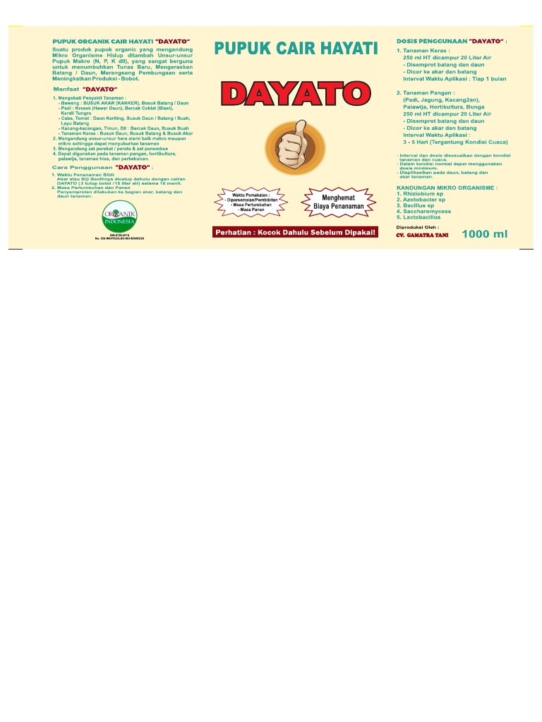 Label Pupuk Cair Hayati Dayato | PDF