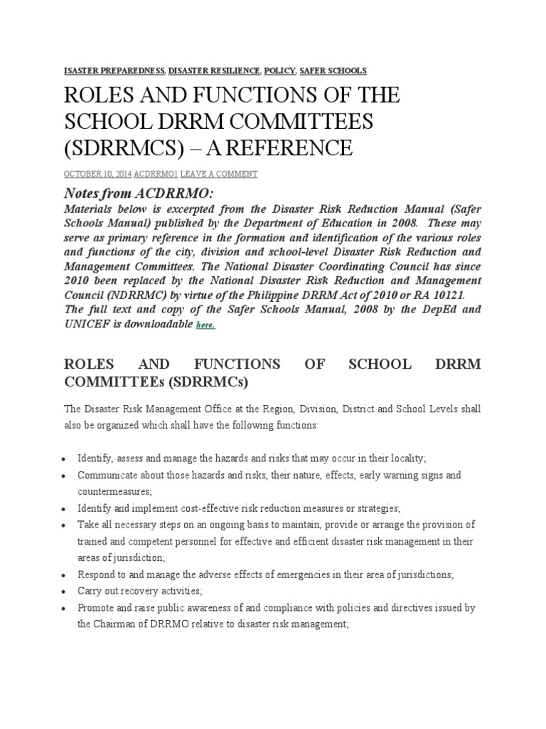 Roles and Functions of DRRM Committee | PDF | Disaster Risk Reduction ...
