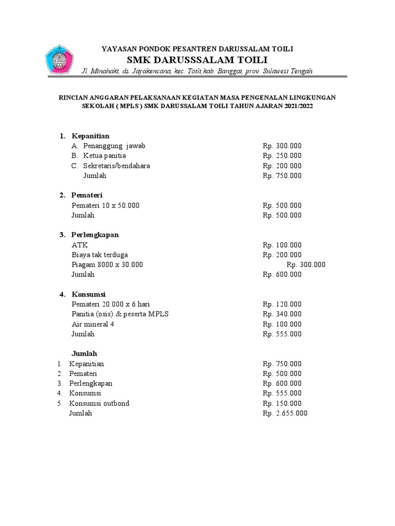 RINCIAN ANGGARAN MPLS SMK DARUSSALAM TOILI 2021/2022 | PDF