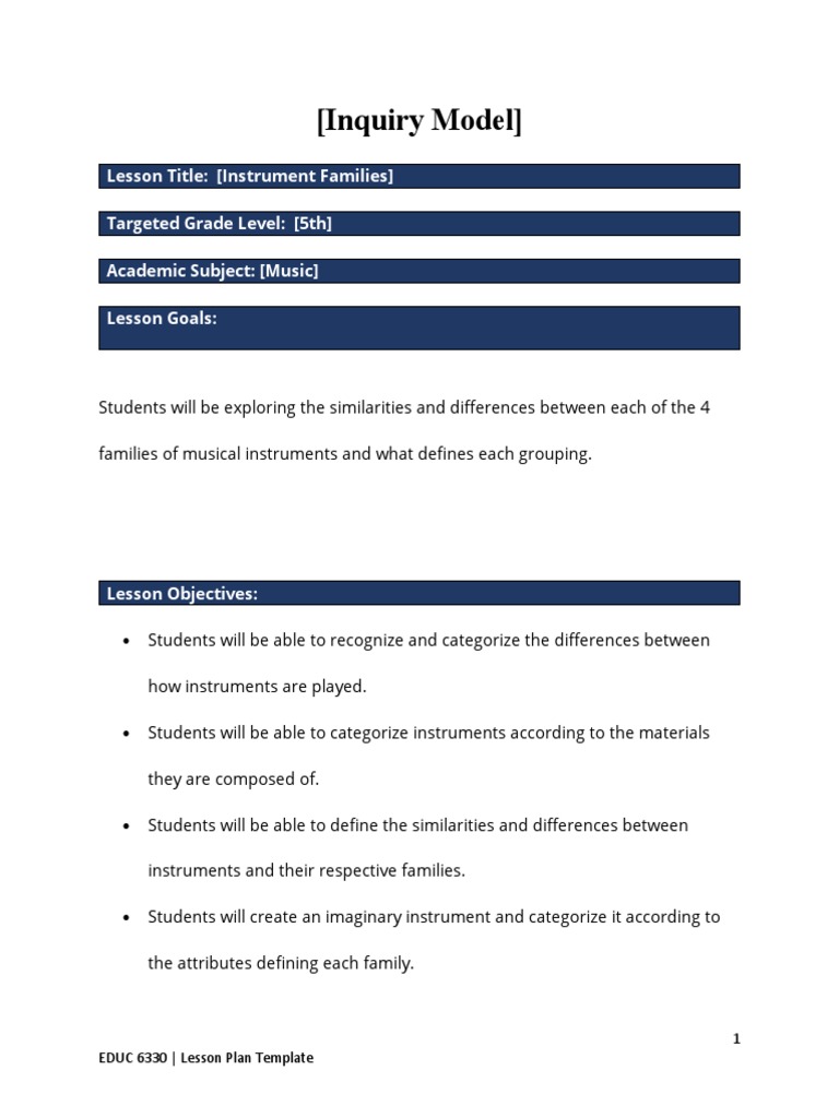 Week 1 Lesson Plan Inquiry Model | PDF | Musical Instruments | Lesson Plan