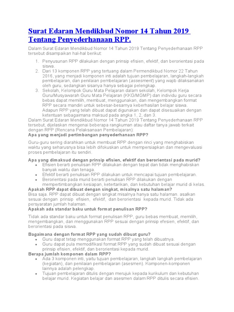 Surat Edaran Mendikbud Nomor 14 Tahun 2019 Tentang Penyederhanaan RPP | PDF
