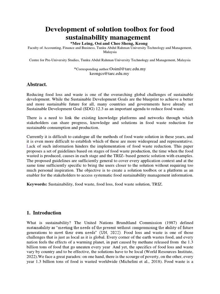 Development of Solution Toolbox For Food Sustainability Management ...