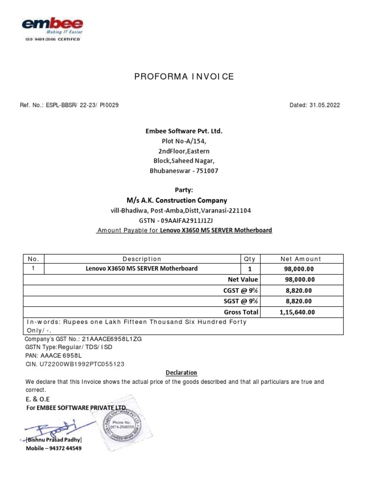 Invoice for Lenovo Server Part | PDF