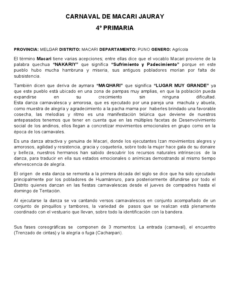 Danza Carnaval de Macari | PDF