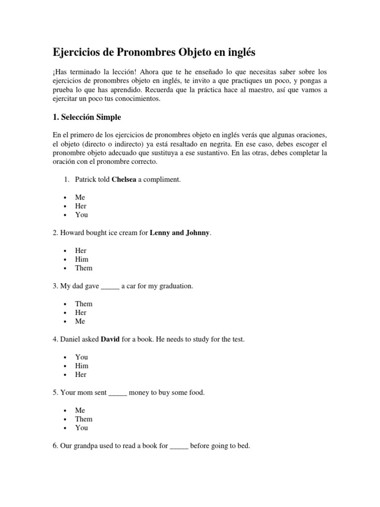 Ejercicios de Pronombres Objeto en Inglés | PDF