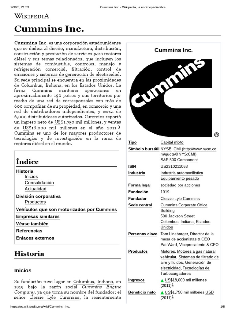 Cummins Inc. - Wikipedia, La Enciclopedia Libre | PDF | Cummins ...