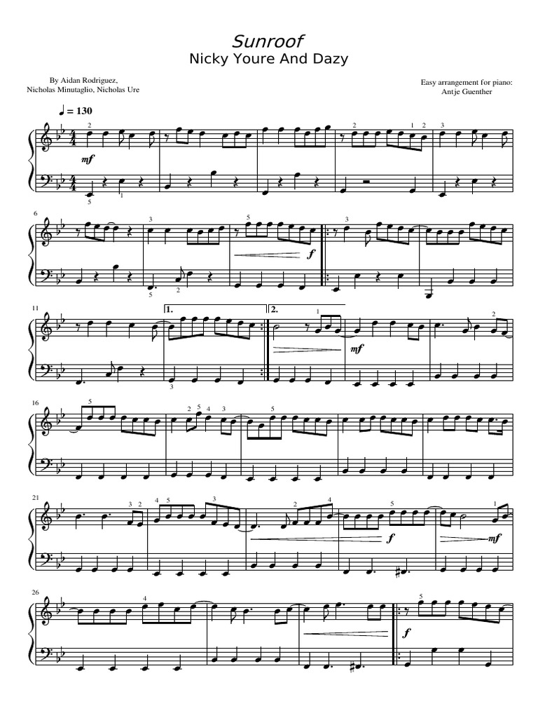 Sunroof Nicky Youre And Dazy Arrangement For Solo Piano Fingerings