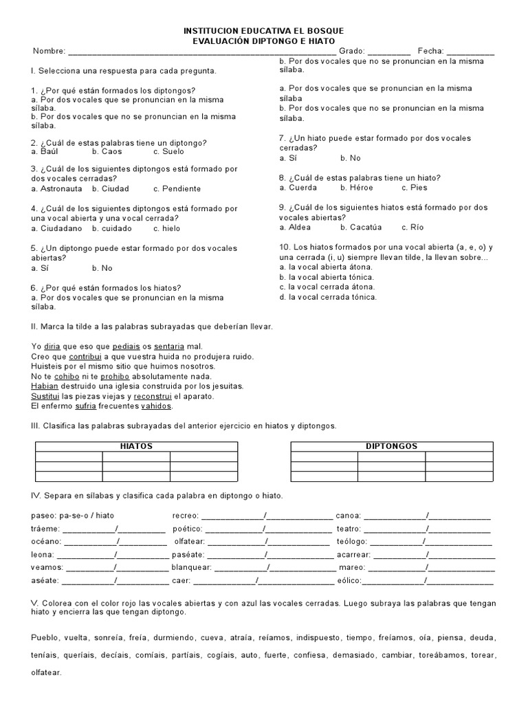 Evaluación de Diptongos y Hiatos | PDF | Vocal | Lingüística