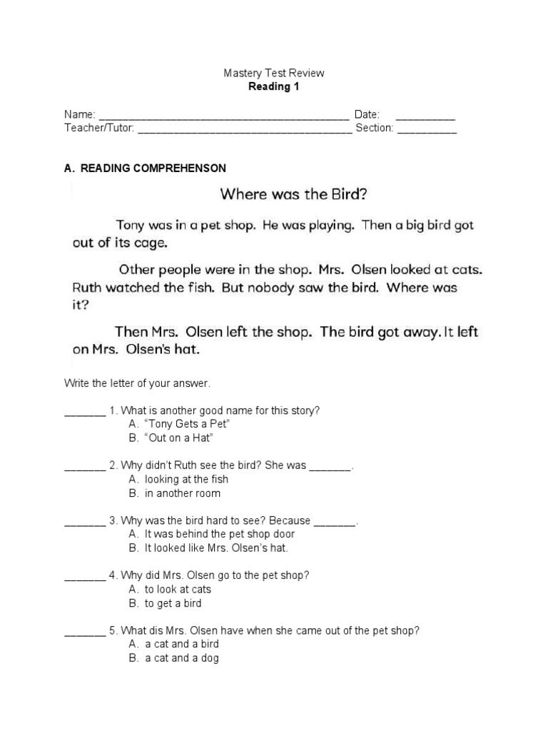 Mastery Test Review in Reading 1 | PDF
