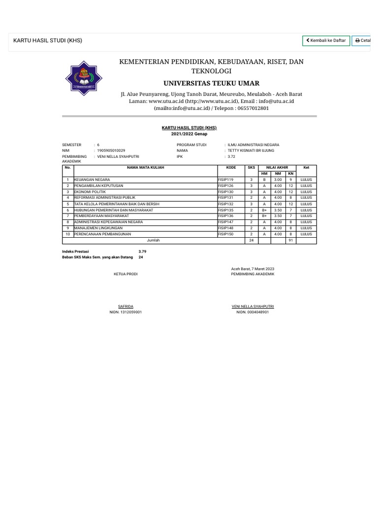 Kartu Hasil Studi (KHS) PDF | PDF