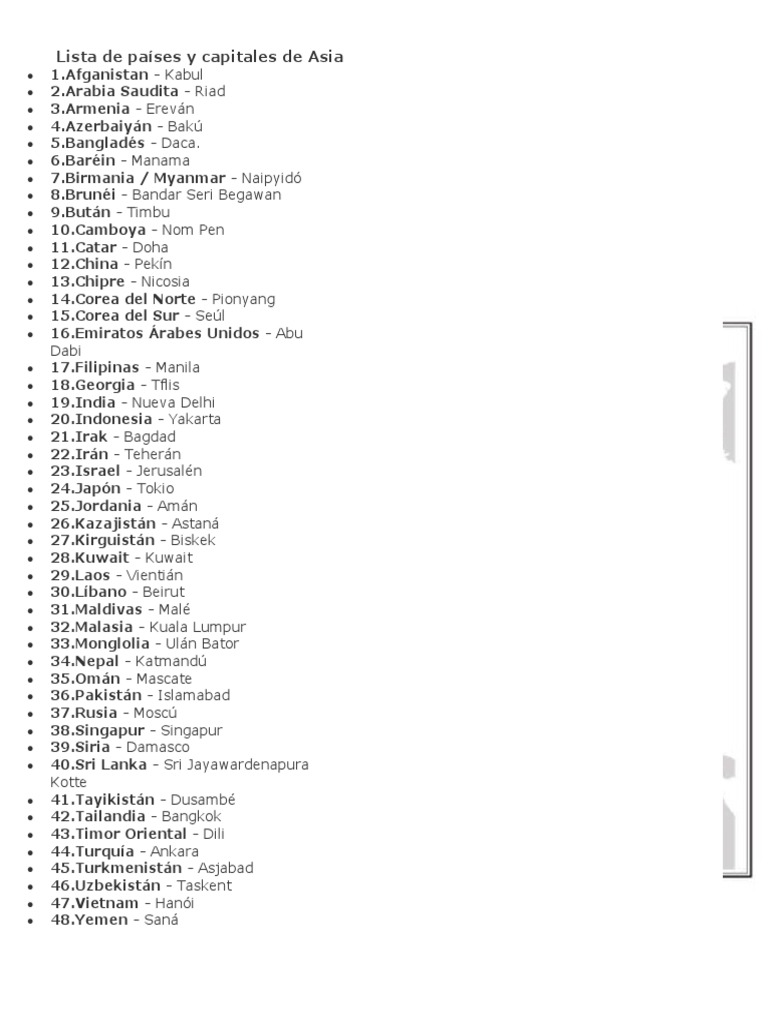 Lista de Países y Capitales de Asia | PDF