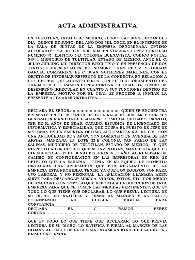 ACTA ADMINISTRATIVA Formato | PDF | Informática