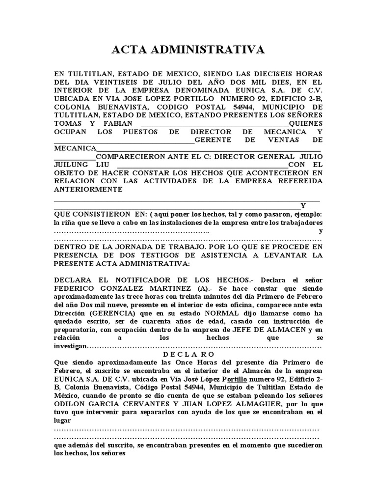 Acta de Riña en Empresa EUNICA | PDF