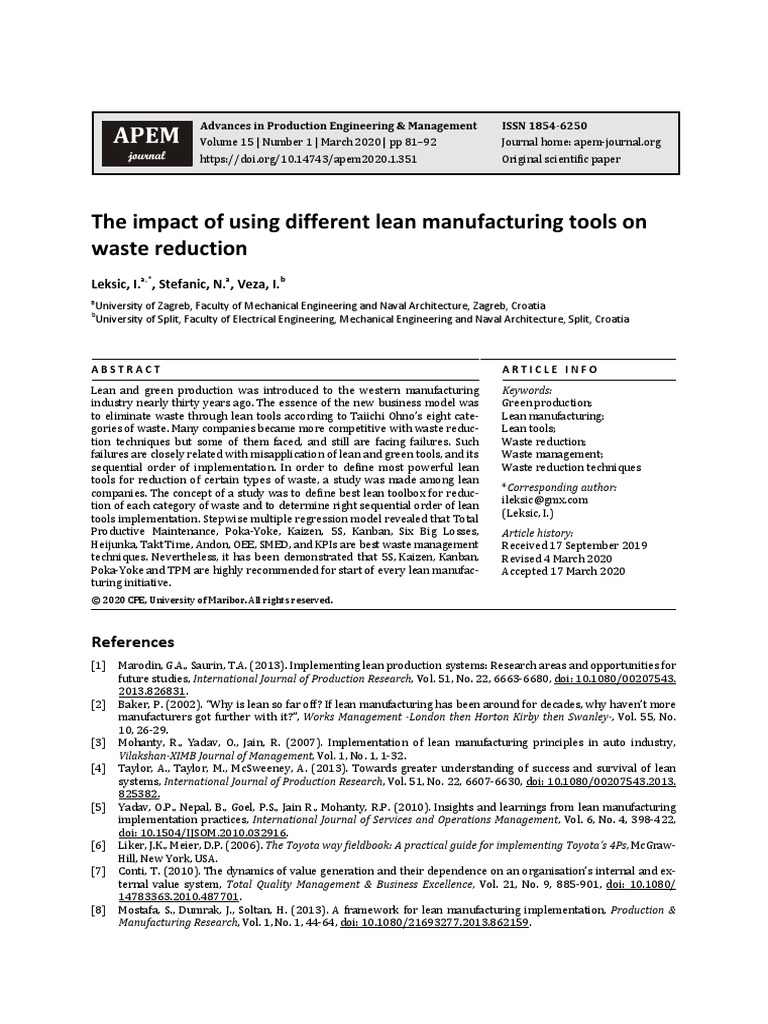 The Impact of Using Different Lean Manufacturing Tools On Waste ...