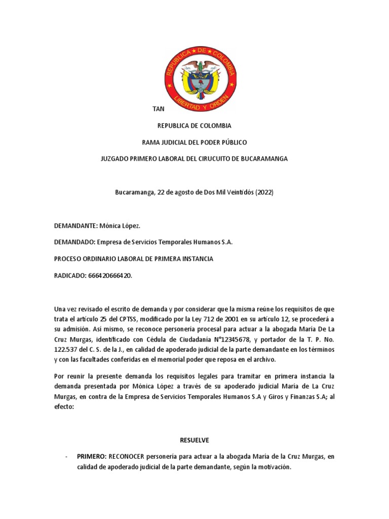 AUTO ADMISORIO LABORAL | PDF | Judicaturas | Ley Pública