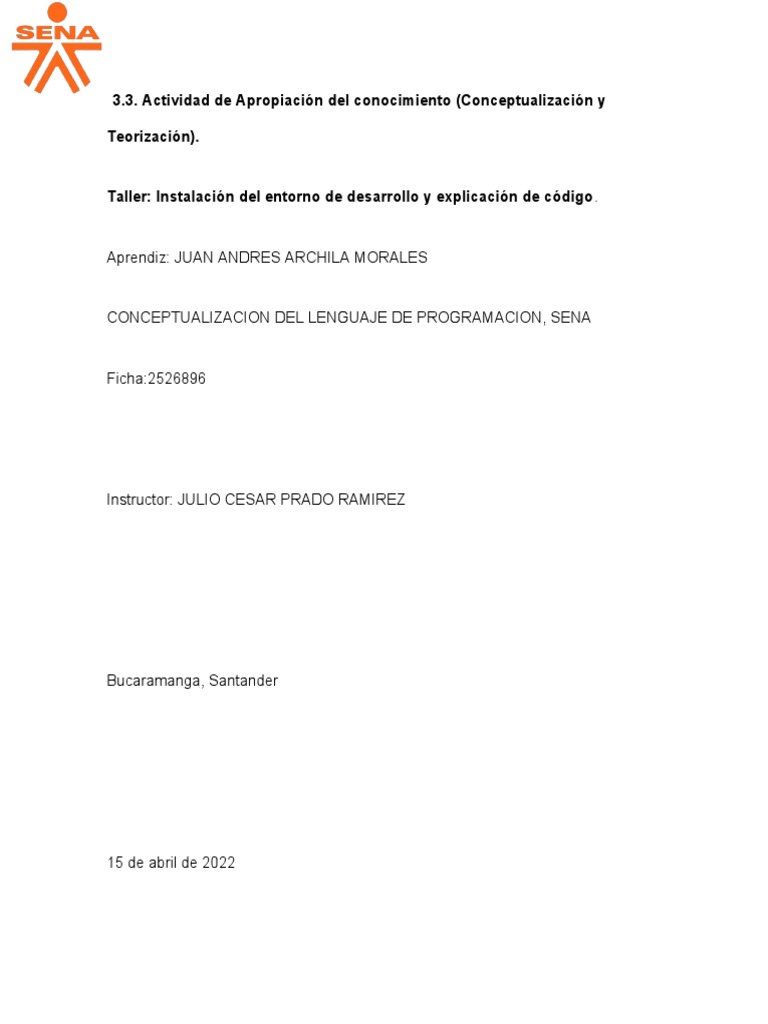 Taller Instalación Del Entorno de Desarrollo y Explicación de Código | PDF | C ++ | Programación ...