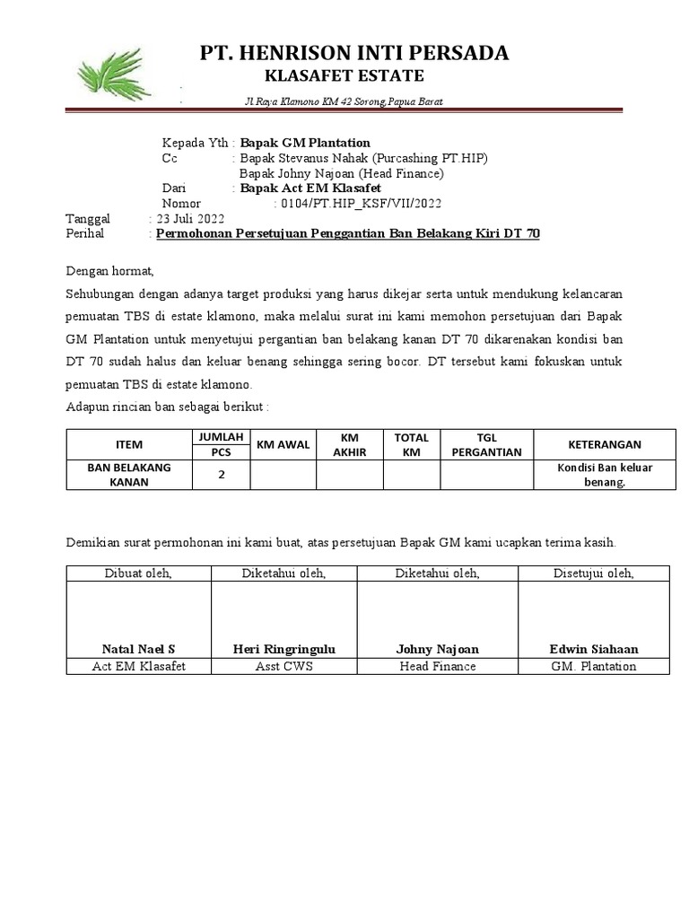 Permohonan Penggantian Ban DT 70 | PDF