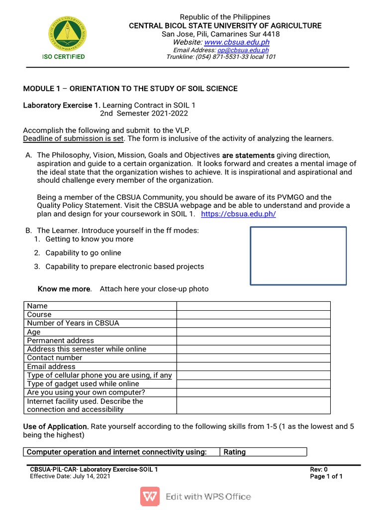 SOIL 1 - 1 Laboratory Learning Contract | PDF | Learning | Communication