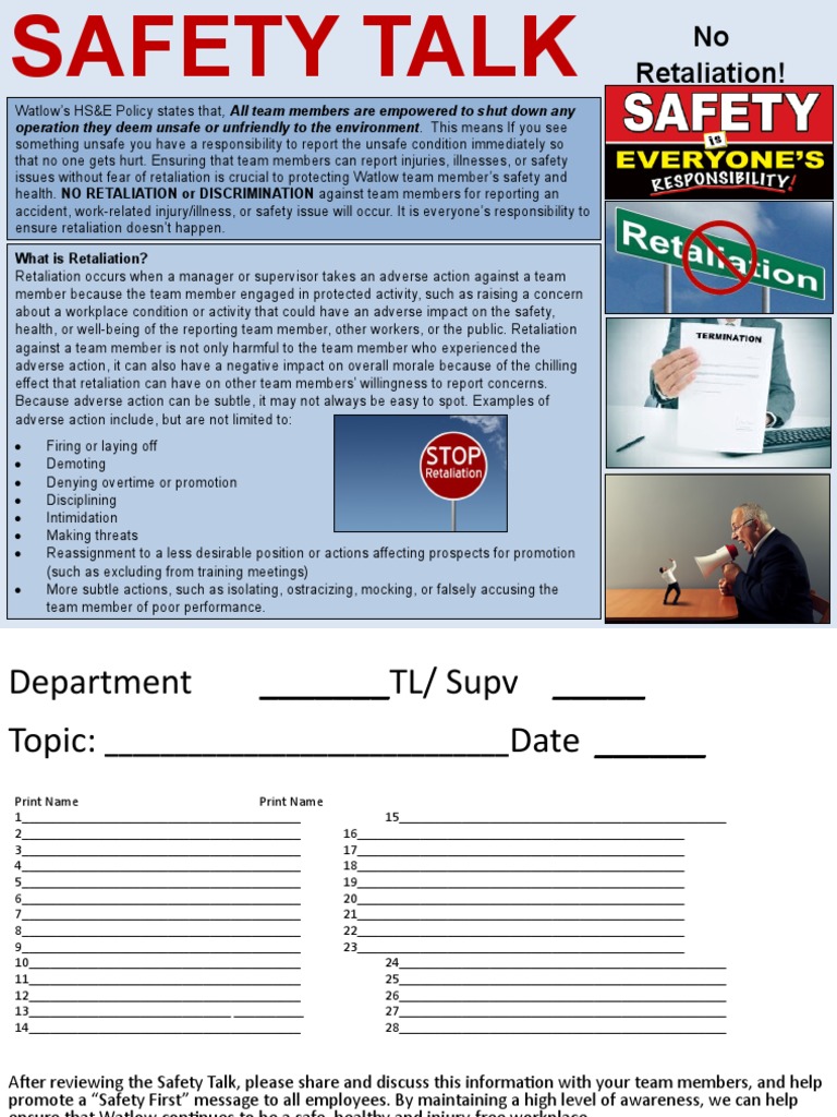 No Retaliation Safety Talk | PDF | Safety | Occupational Safety And Health