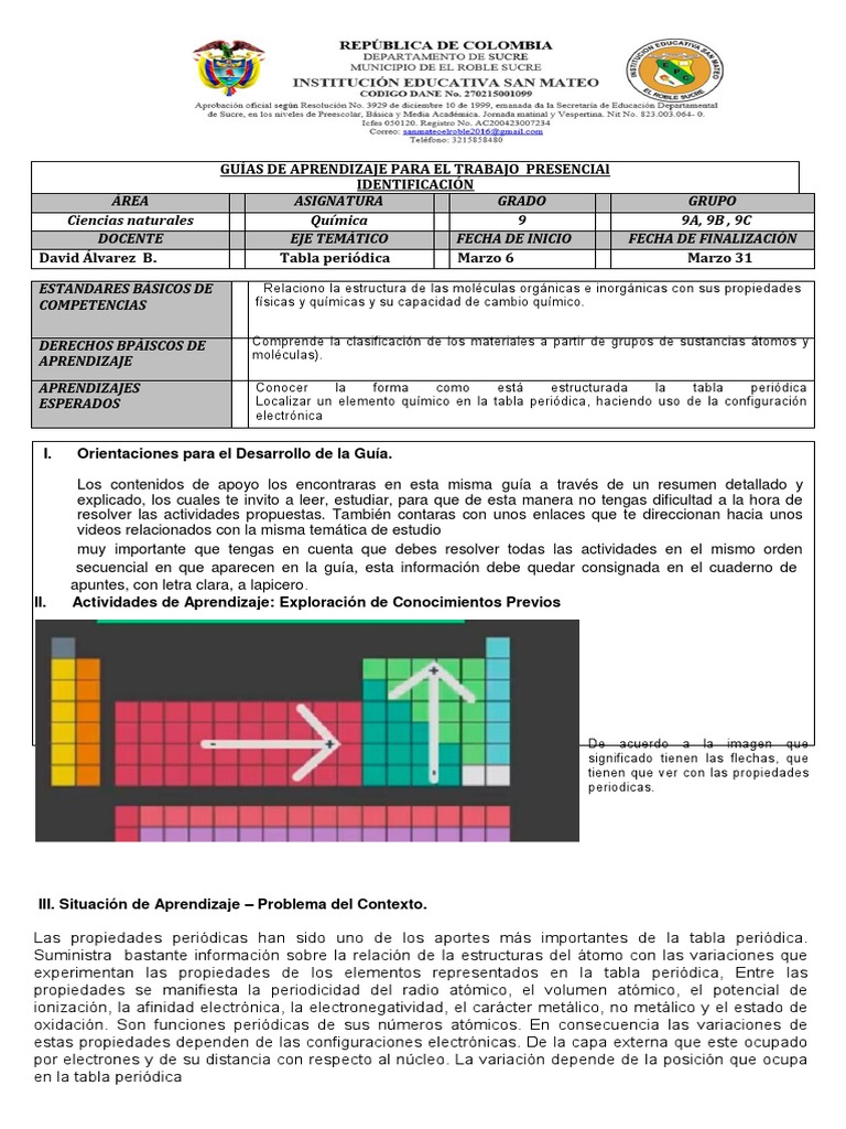 Guía de aprendizaje sobre la tabla periódica: Propiedades periódicas y ...