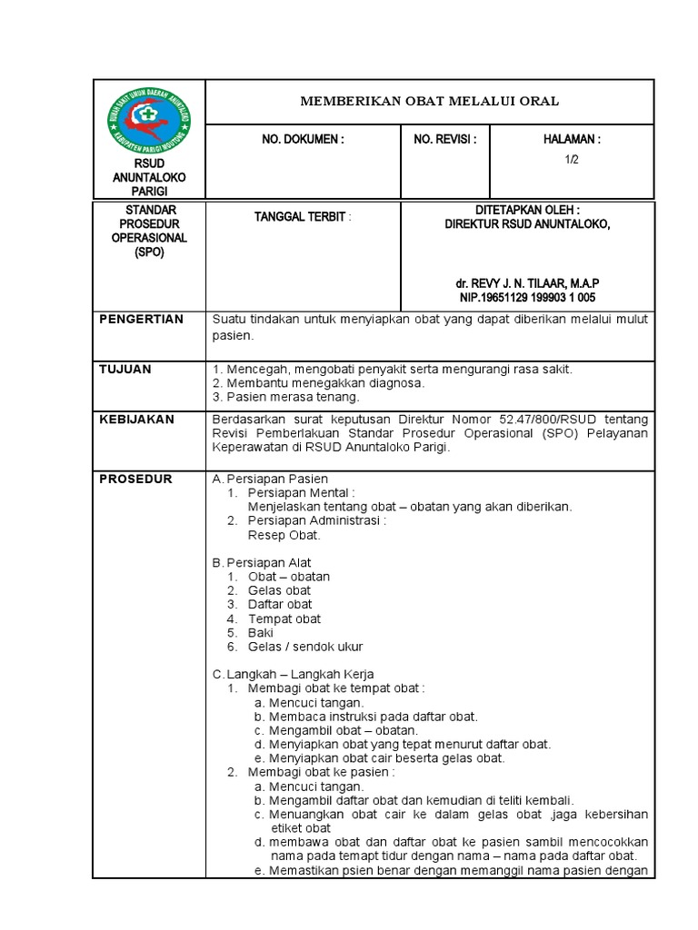 Prosedur Pemberian Obat Oral RSUD | PDF