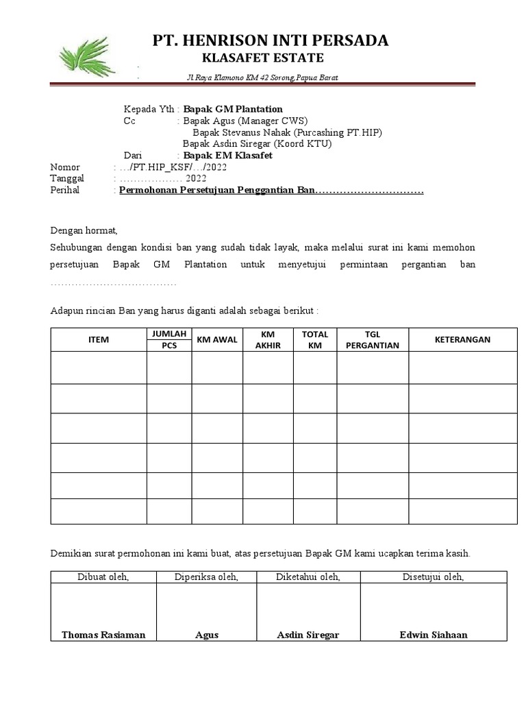 Permohonan Penggantian Ban PT HIP | PDF