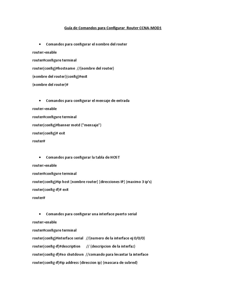 Guía de Comandos para Configurar Router CCNA | PDF | Enrutador (Computación) | Dirección IP