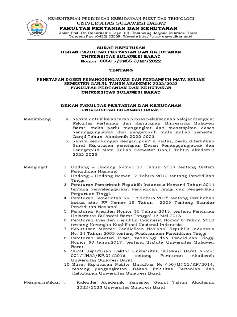 Penetapan Dosen Pengampu Semester Ganjil 2022 | PDF