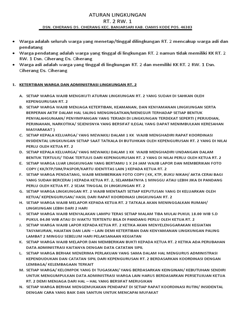 Aturan Lingkungan RT. 2 RW. 1 | PDF