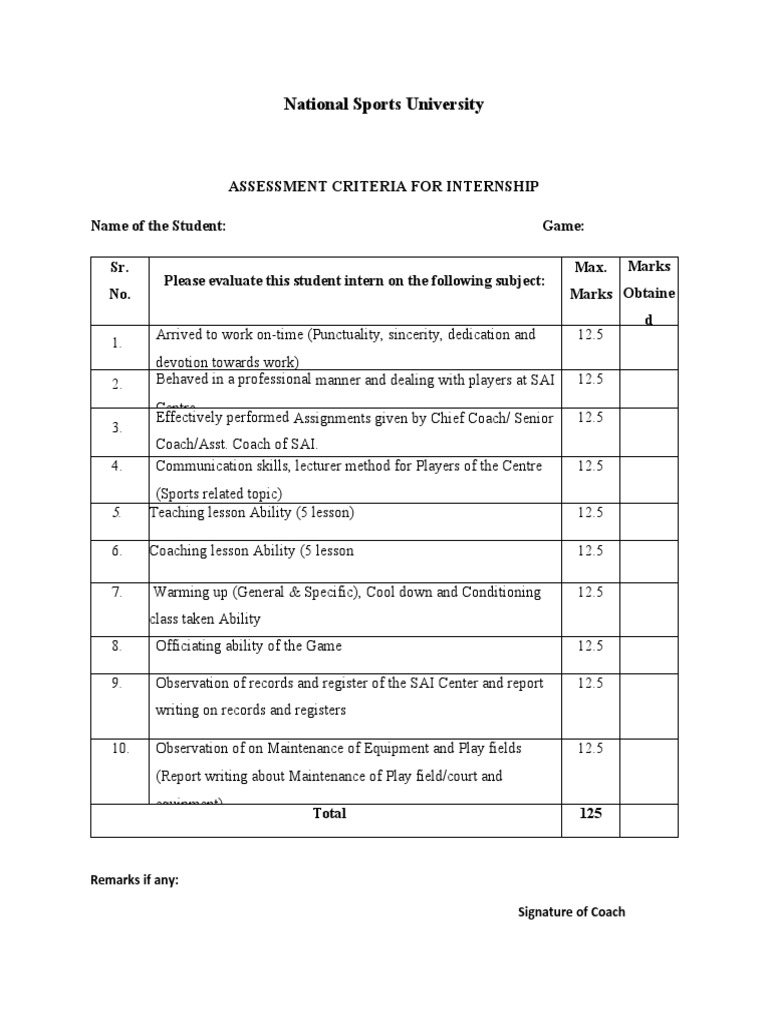 Assessment Criteria Of Internship Pdf
