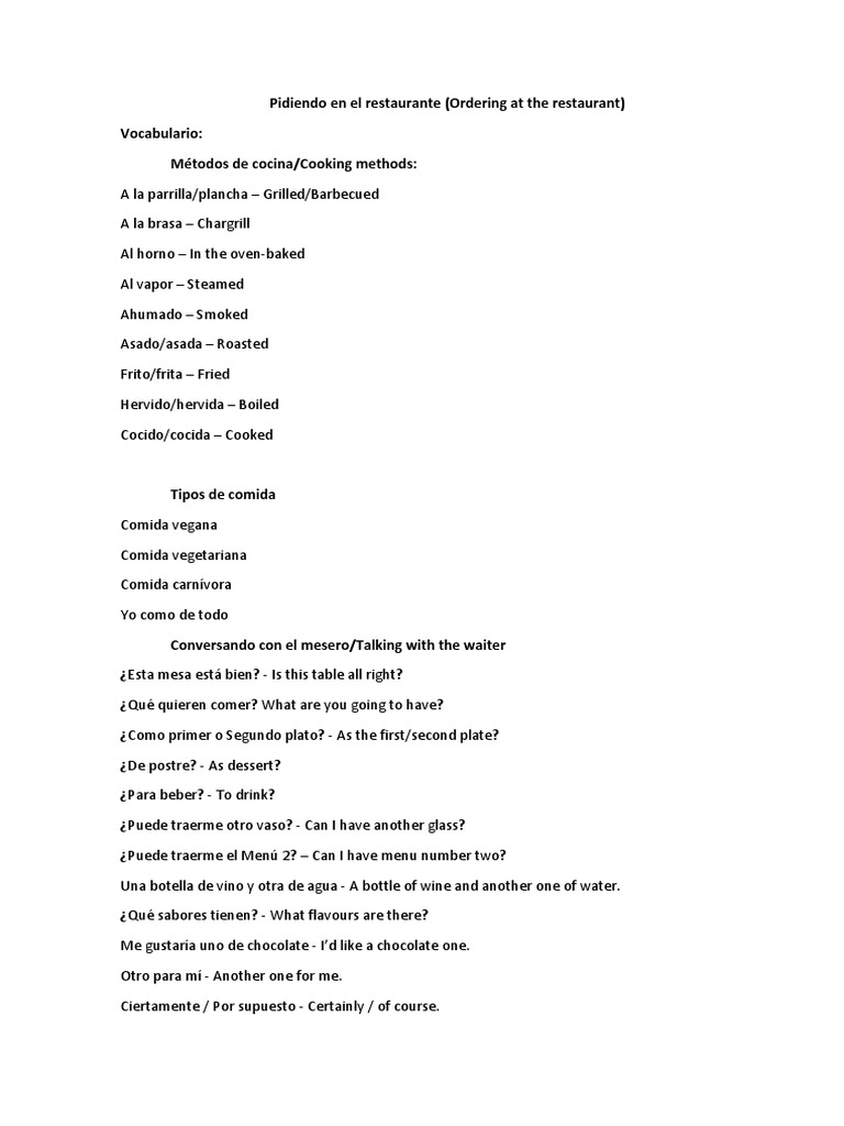 Vocabulario para pedir en restaurantes | PDF | Preparación de comida y ...