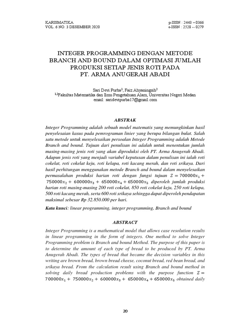 Integer Programming Dengan Metode Branch And Bound Dalam Masalah Optimasi Pdf Bisnis Komputer 