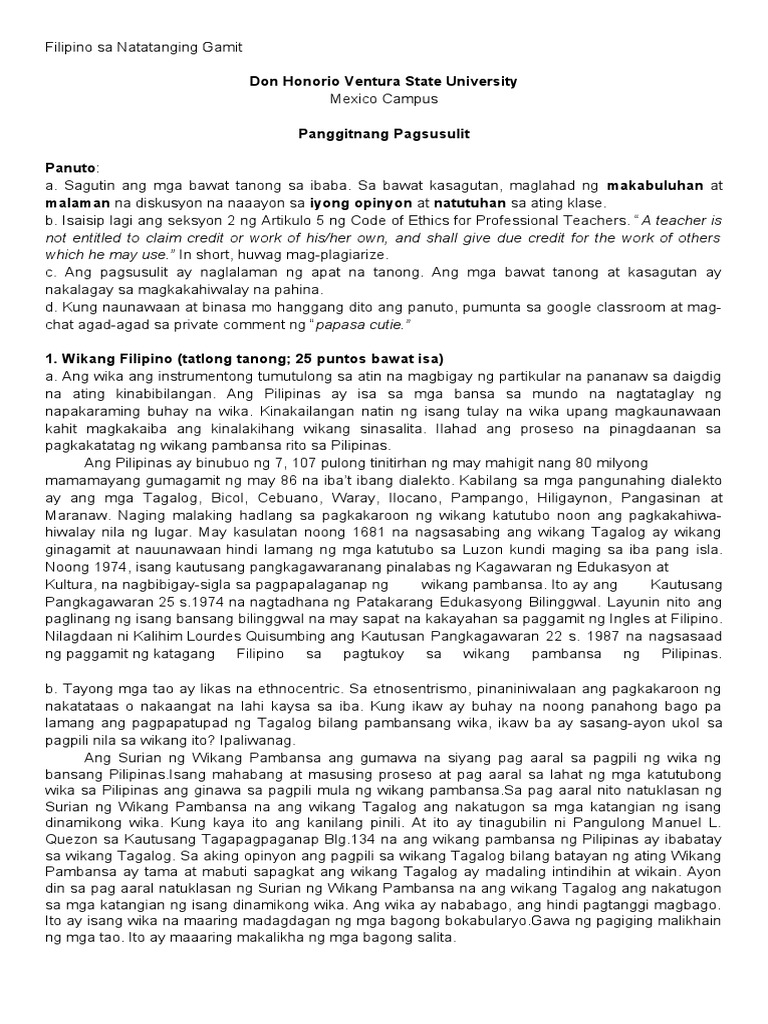 Template - PANGGITNANG PAGSUSULIT - Filipino Sa Natatanging Gamit | PDF