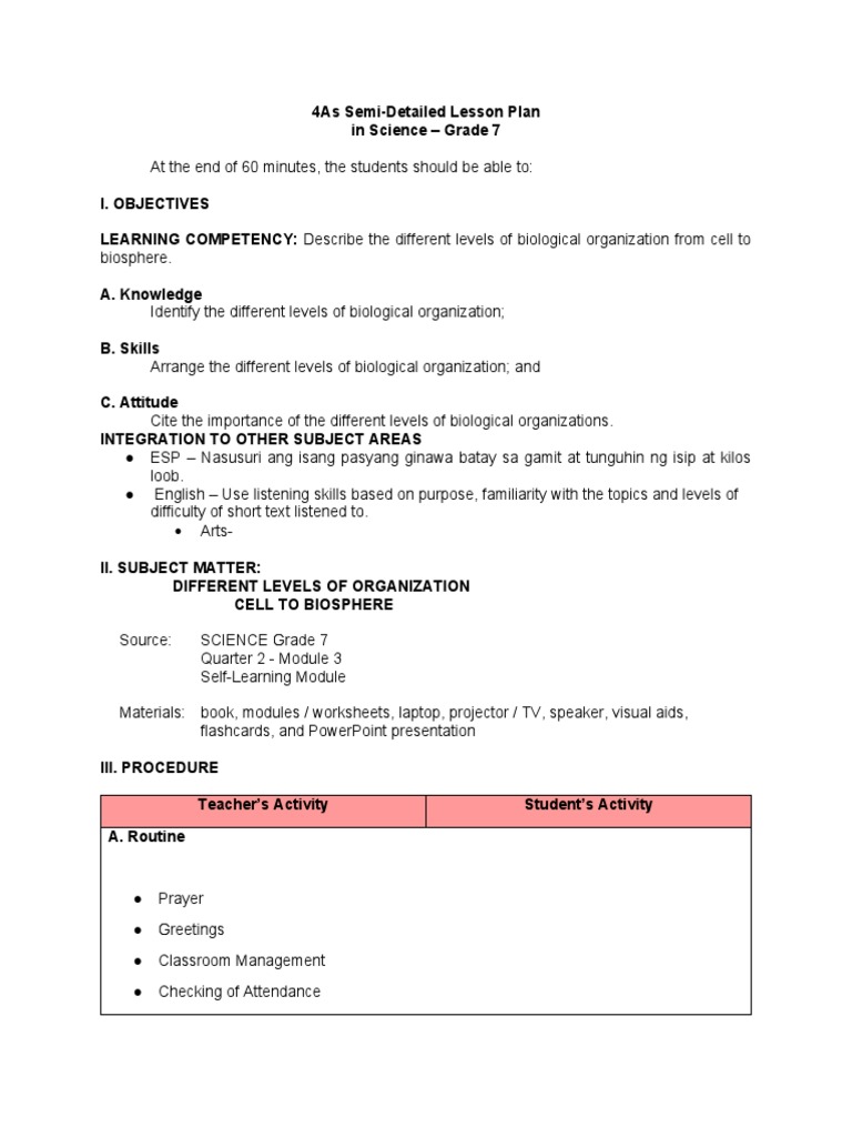 COT 1 - (Science 7) - Cell To Biosphere 4as Semi-Detailed LP | PDF | Cell (Biology) | Prokaryote