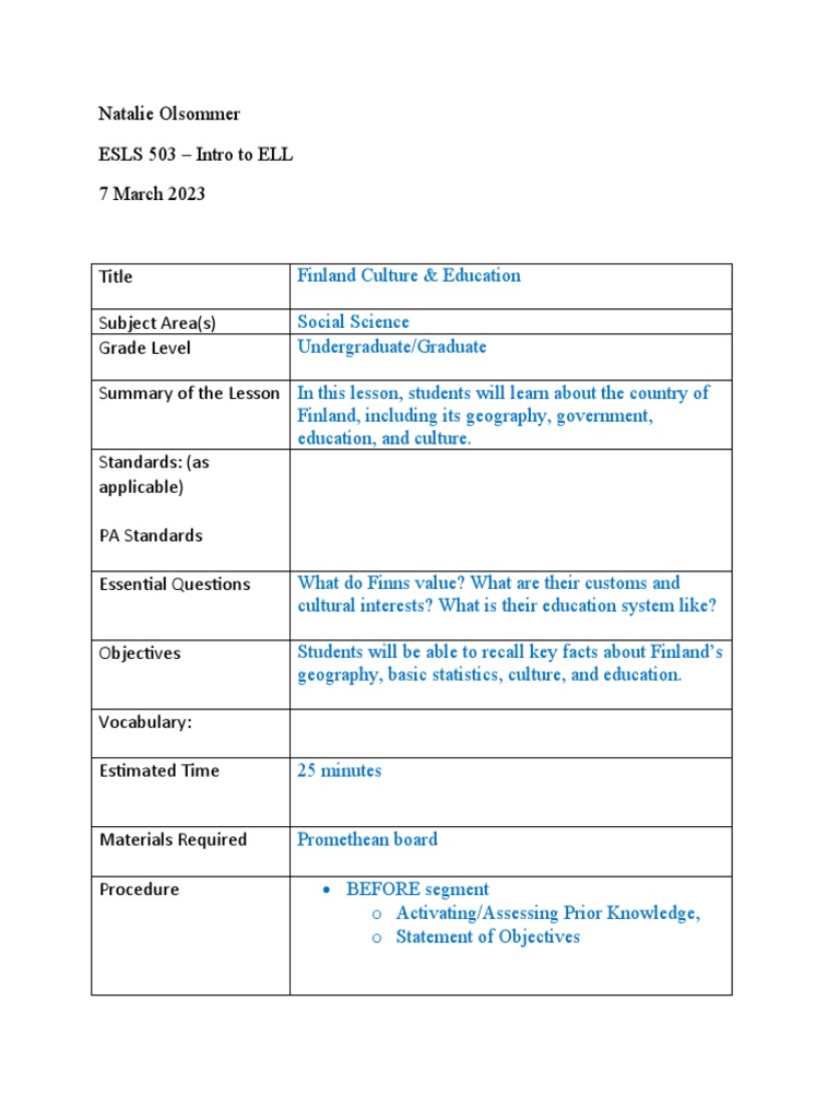 Finland Lesson Plan | PDF