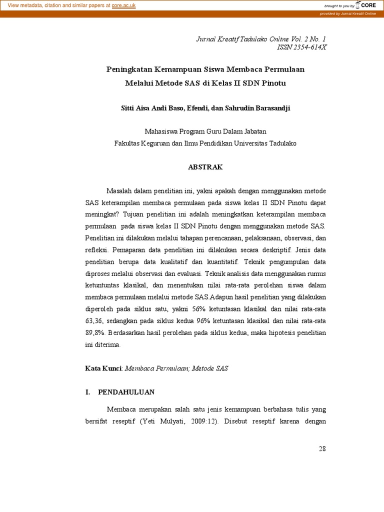 Peningkatan Kemampuan Siswa Membaca Permulaan Melalui Metode SAS Di Kelas II SDN Pinotu | PDF