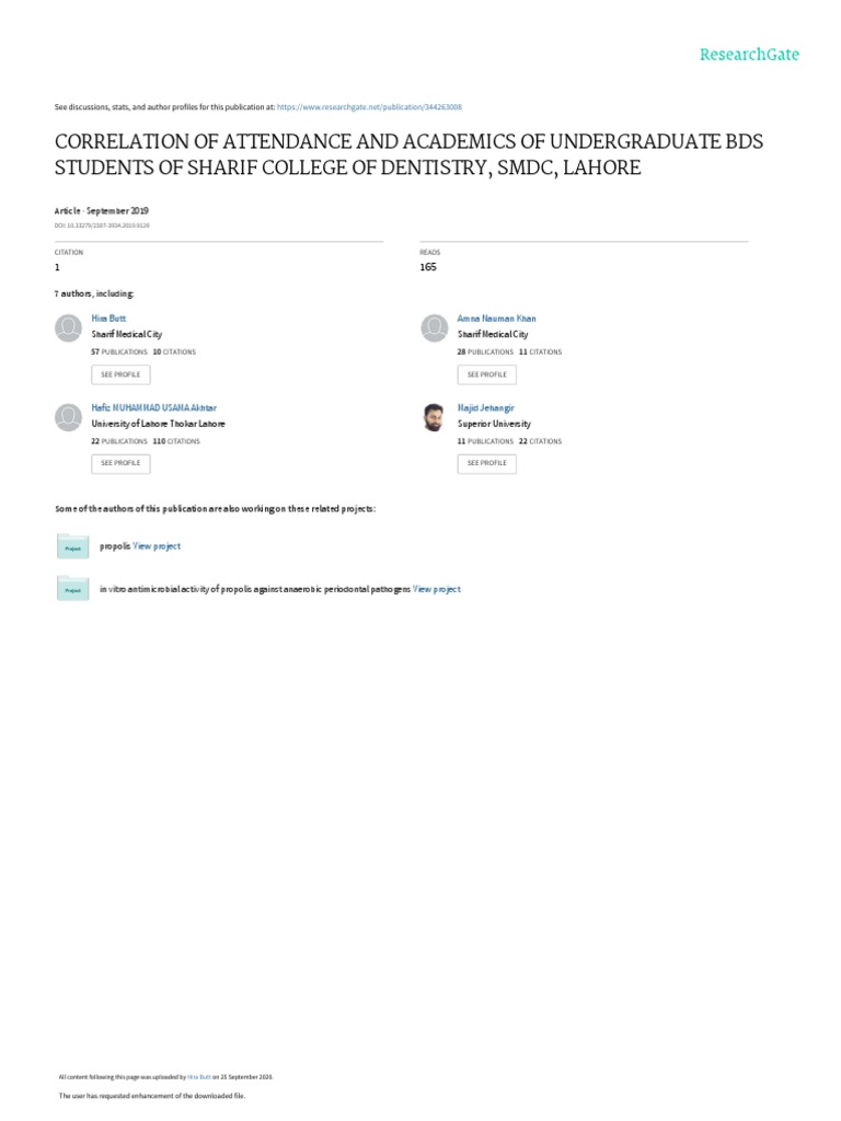 Correlation of Attendance and Academics of Undergraduate Bds Students of Sharif College of ...