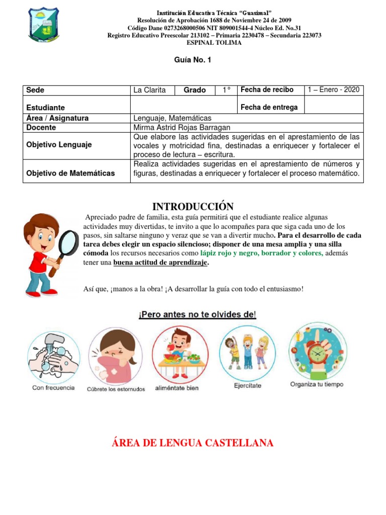 Primera guía de aprendizaje para estudiante de primer grado | PDF ...