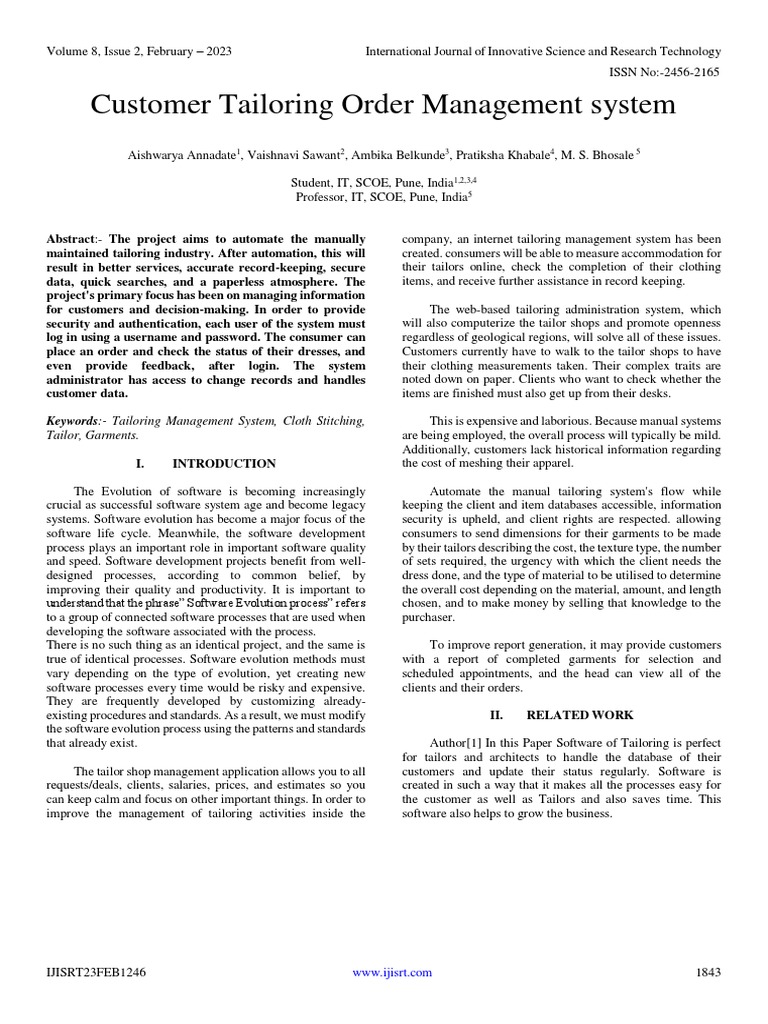 Customer Tailoring Order Management System | PDF | Databases | Clothing