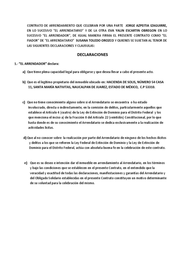 Contrato de Arrendamiento Que Celebran Por Una Parte Jorge Azpeitia ...