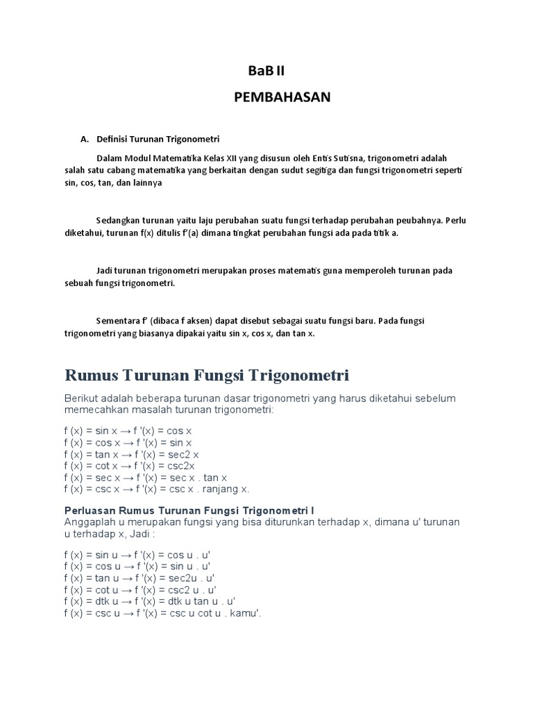 Bab Ii Pembahasan: Rumus Turunan Fungsi Trigonometri | PDF