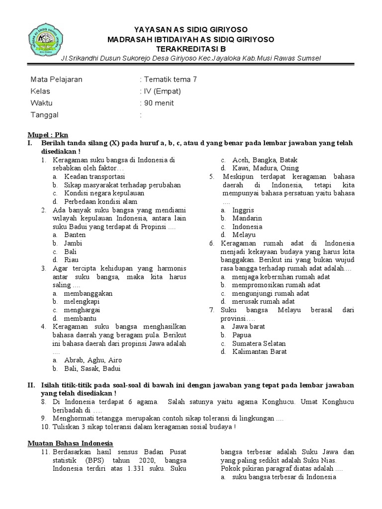 Soal Pat Kelas 4 Tema 7 KKG Fix | PDF