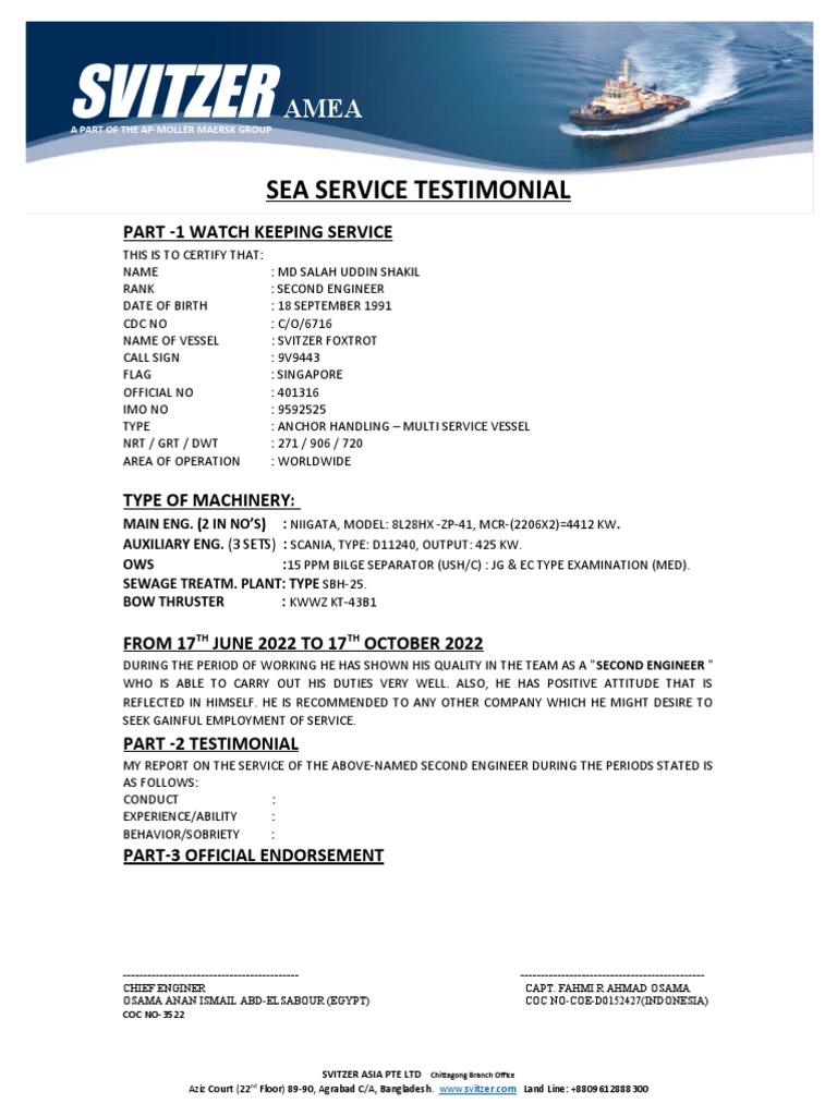 Sea Service Testimonial - 2E SHAKIL | PDF | Transport | Ships