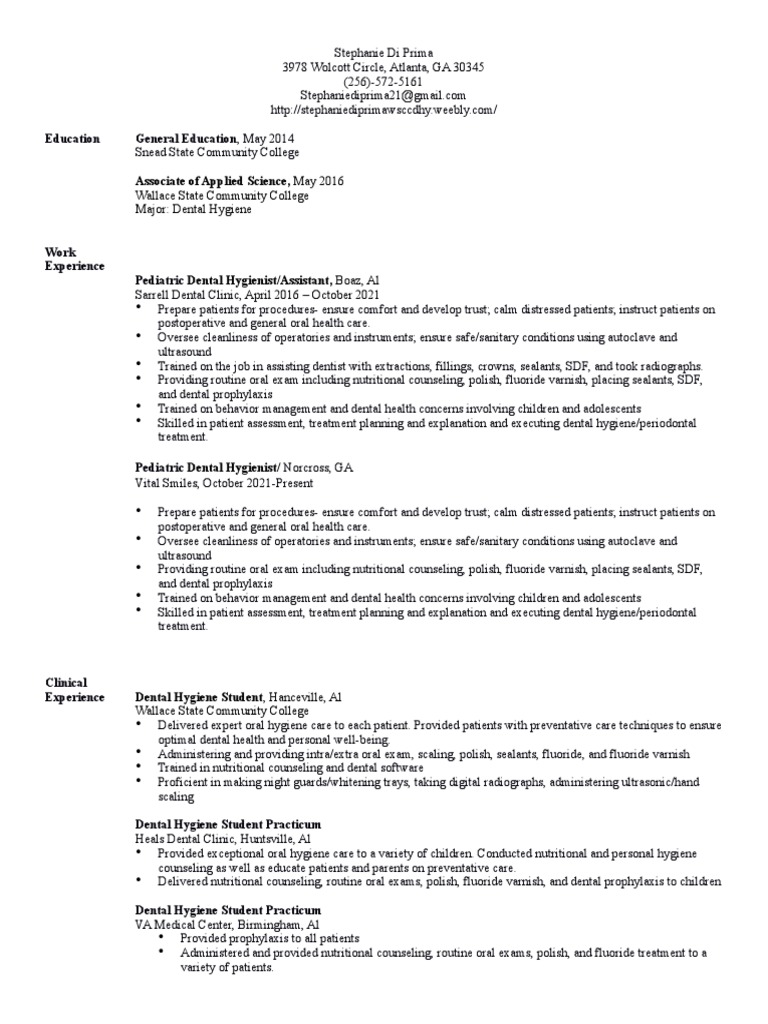 Stephanie Di Prima Resume | PDF | Dental Hygienist | Dentistry